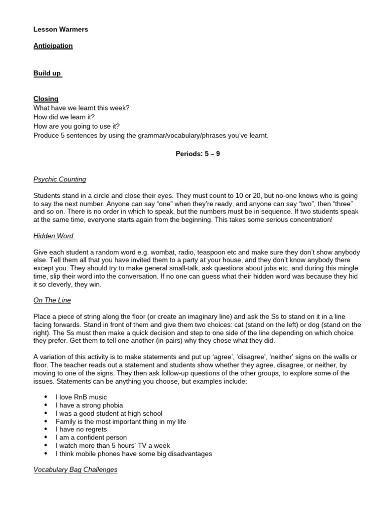 Lesson Warmers Hand-Out | PDF | Adverb | Linguistics