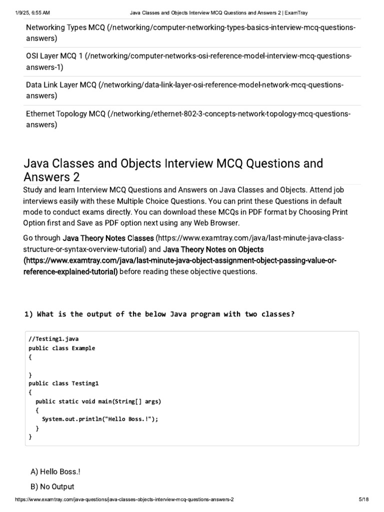 Java Classes and Objects Interview MCQ Questions and Answers 2 - ExamTray | PDF