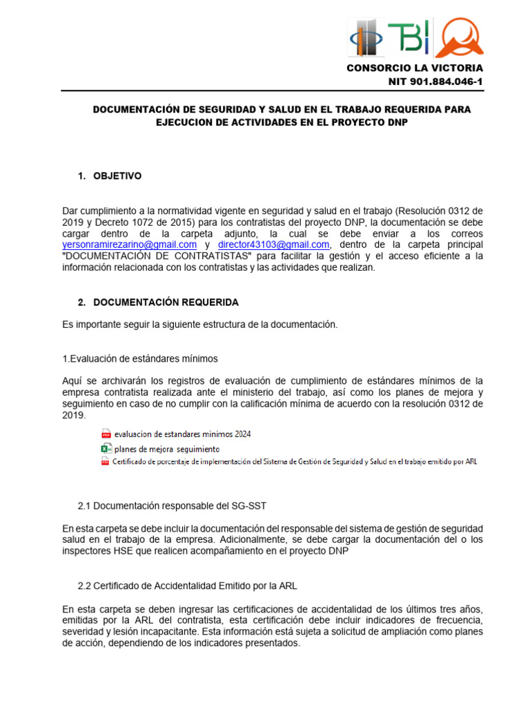 Sg-sst-Instructivo y Documentación Solicitud Al Contratista Del Proyecto Dnp | PDF