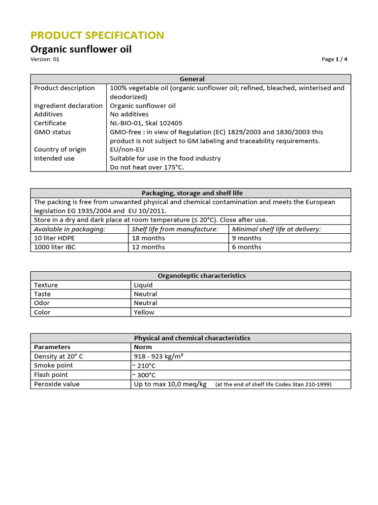 Organic Sunflower Oil Specification | PDF | Fat | Chemistry