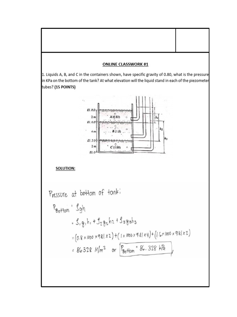 Fluid Mechanics Classwork Solutions | PDF | Pressure | Physical Quantities