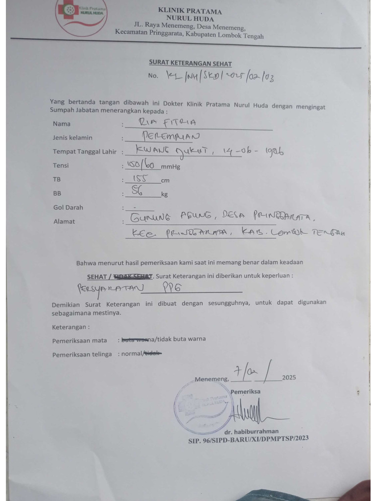 Contoh Surat Keterangan Sehat PPG | PDF