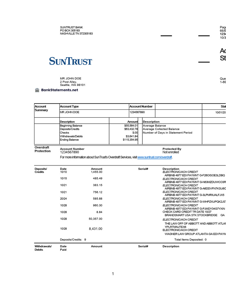 SunTrust Bank Statement BankSta | PDF | Debit Card | Overdraft