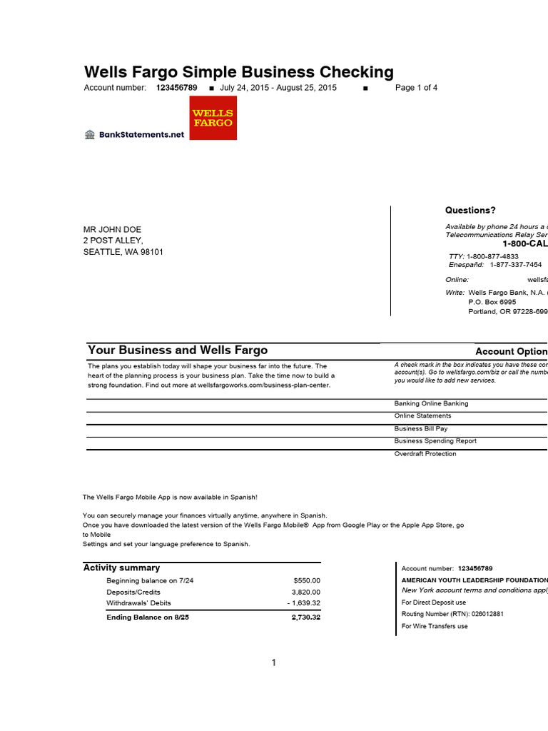 Wells Fargo Bank Statement Bank | PDF | Fee | Overdraft