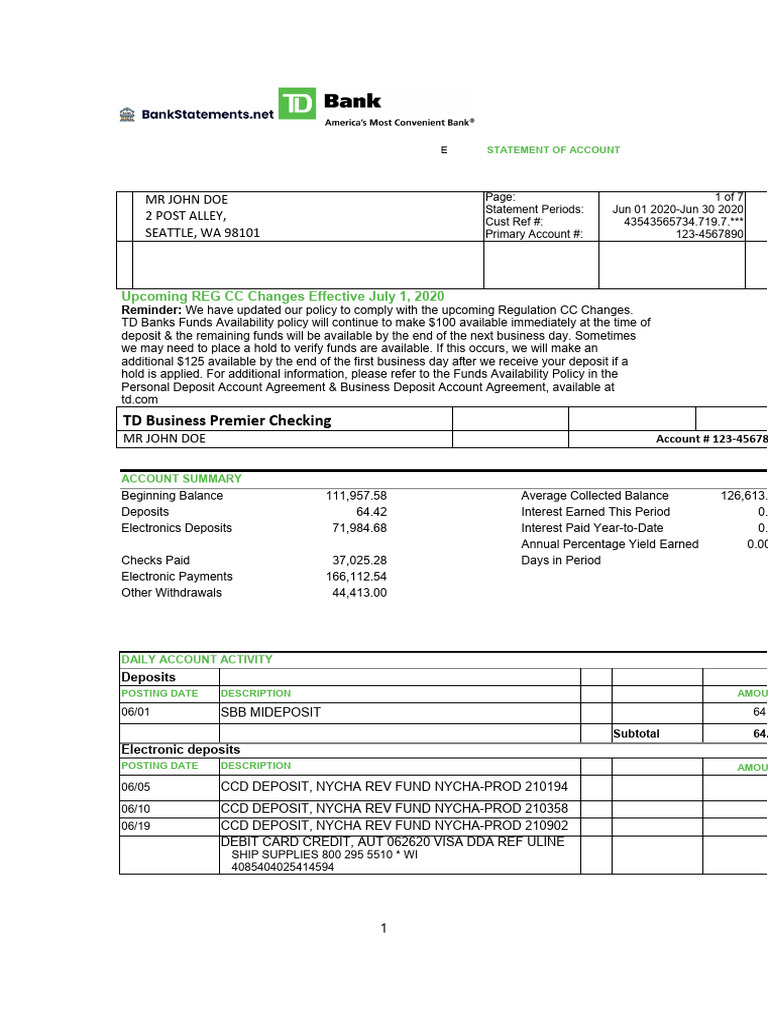 TD Bank Statement USA BankState | PDF | Banks | Debit Card