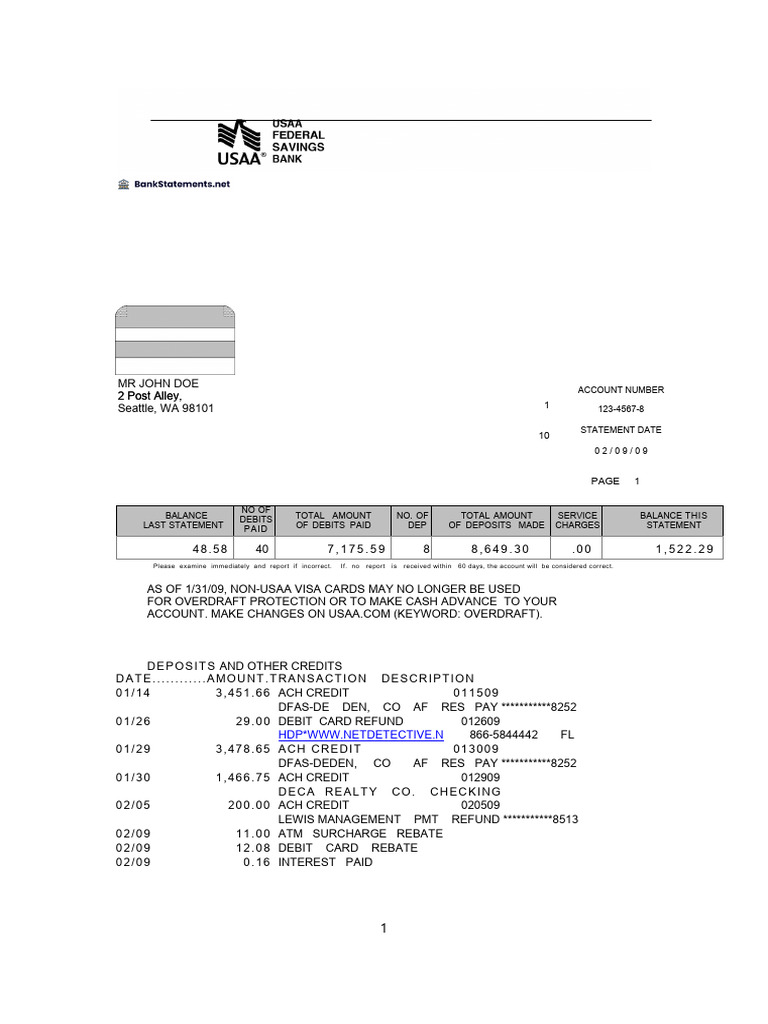 USAA Bank Statement BankStateme | PDF | Debit Card | Tax Refund