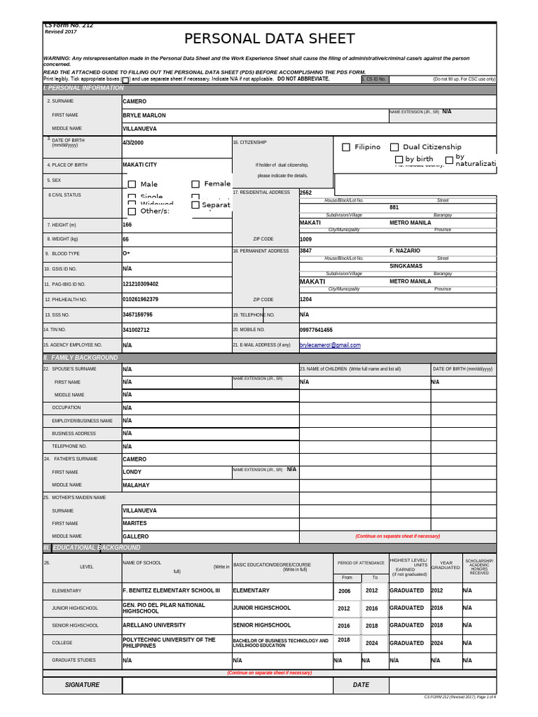 CS Form No. 212 Personal Data Sheet Revised (Blank) | PDF | Government ...