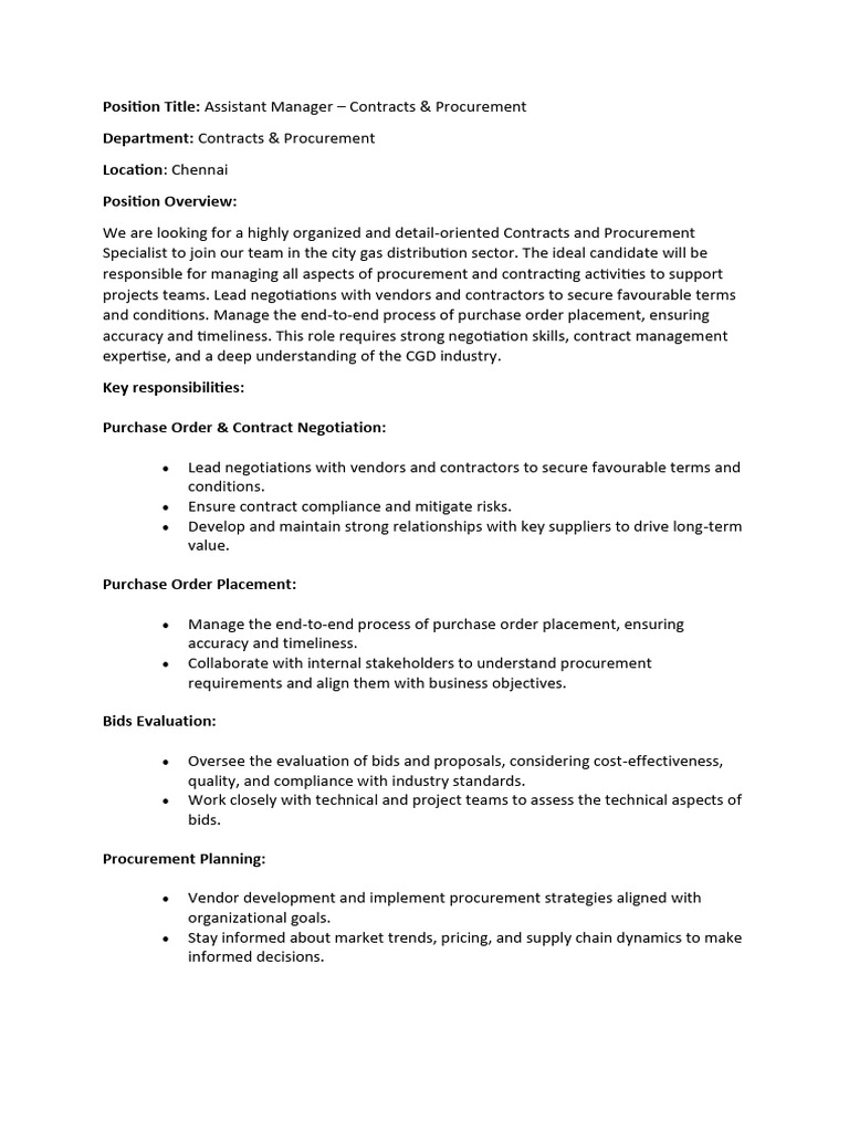Assistant Manager - Contracts & Procurement | PDF | Procurement ...