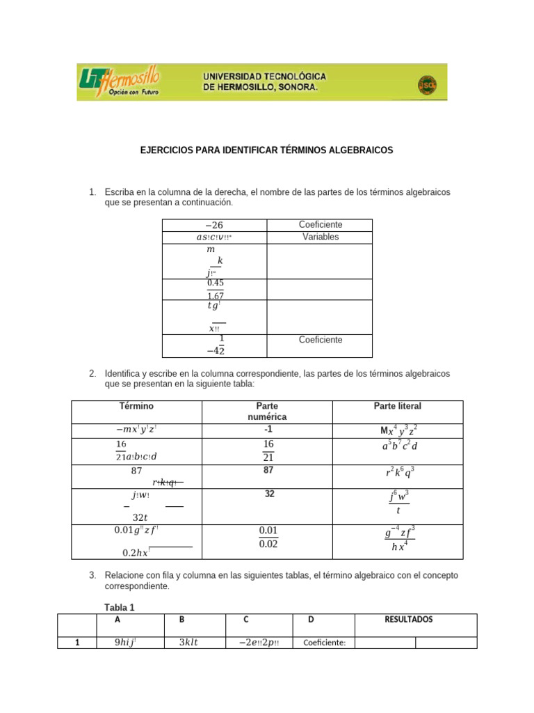 Ejercicios de Términos Algebraicos | PDF | Álgebra | Ciencia computacional