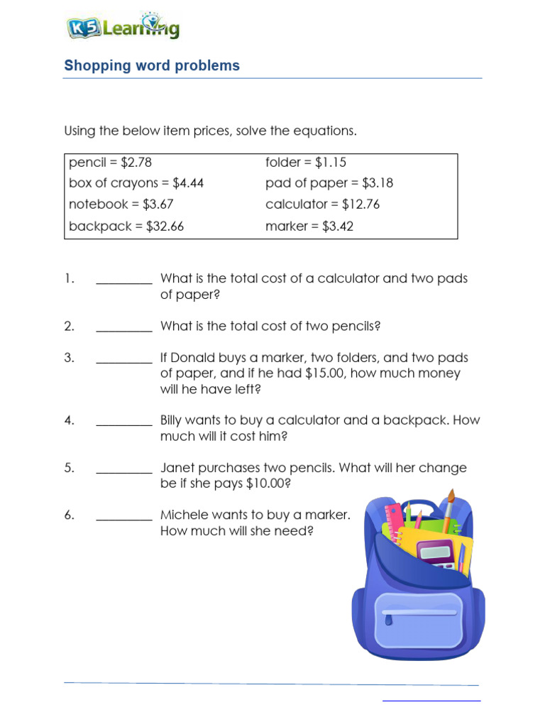 Grade 4 Shopping Word Problems Worksheet | PDF