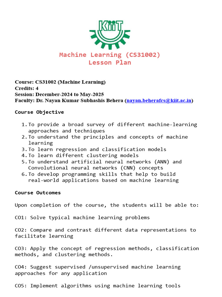 Machine Learning Lesson Plan - CSE19 | PDF | Machine Learning | Cluster Analysis