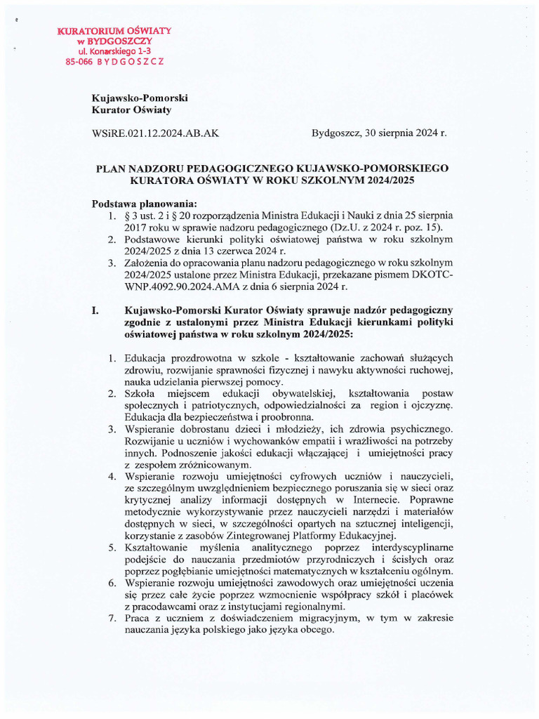 Plan Nadzoru Pedagogicznego 2024 2025 | PDF
