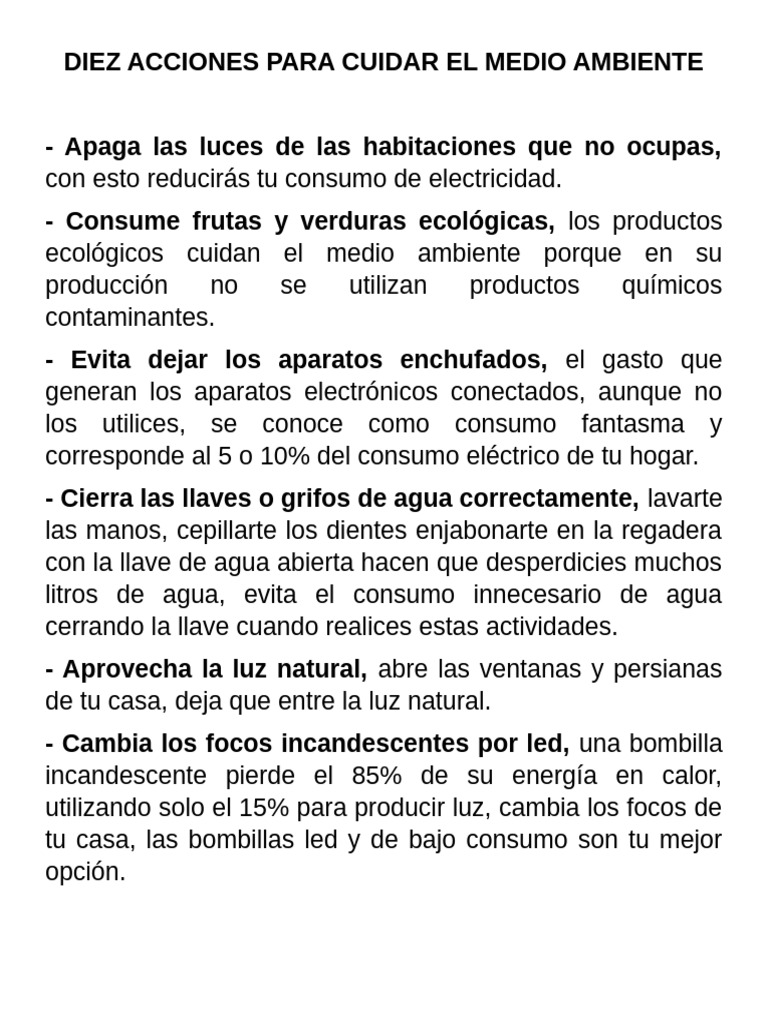 Diez acciones para cuidar el medio ambiente | PDF