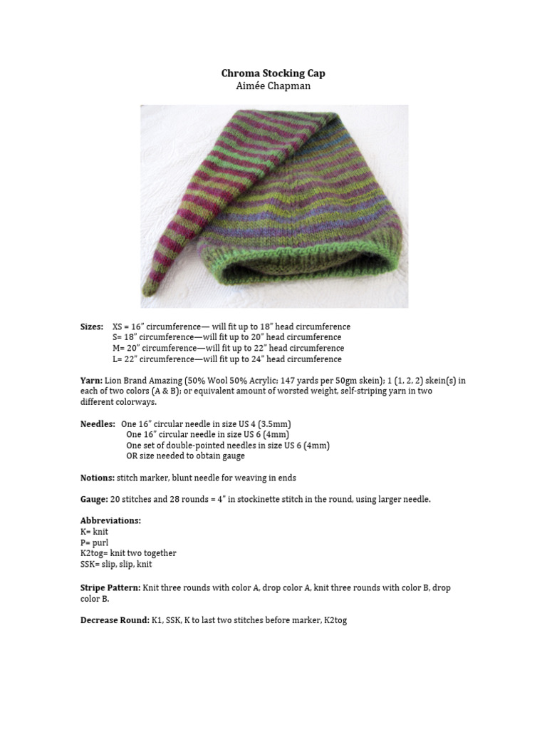 Chroma Stocking Cap Knitting Pattern | PDF | Knitting | Knitting Needle