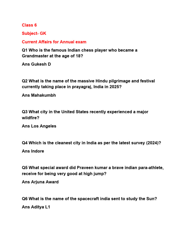 Current Affairs Class 6 | PDF