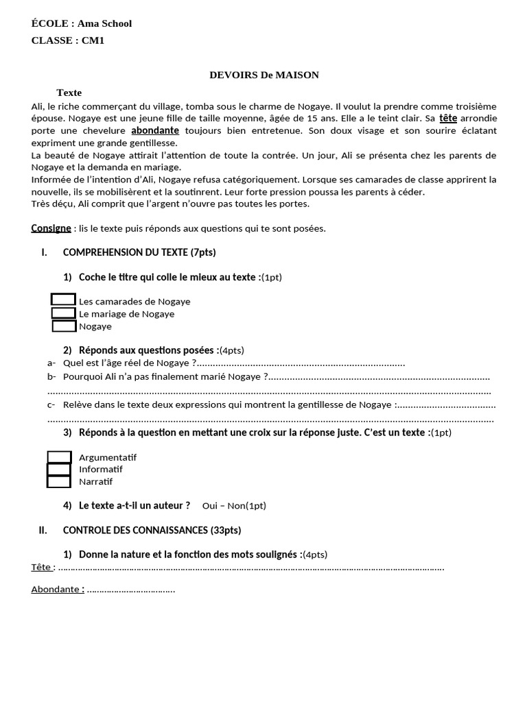 Devoirs de Maison CM1 | PDF | Phrase | Mécanique du langage