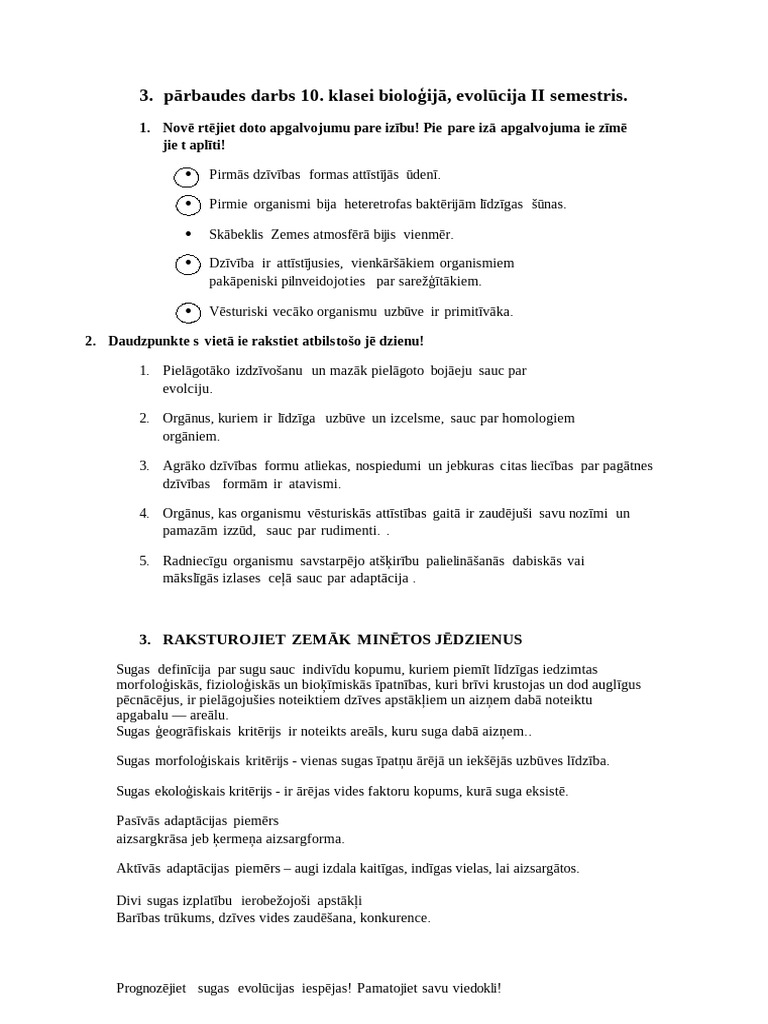 Parbaudes Darbs Biologija 10. Klasei | PDF
