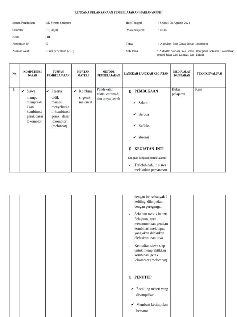 Rpph Pjok Kelas 3 Pertemuan 5 | PDF
