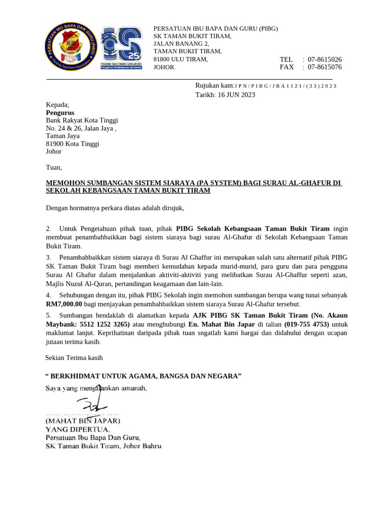 Memohon Sumbangan Bagi Penambahbaikkan Sistem Siaraya (Pa System) Bagi ...