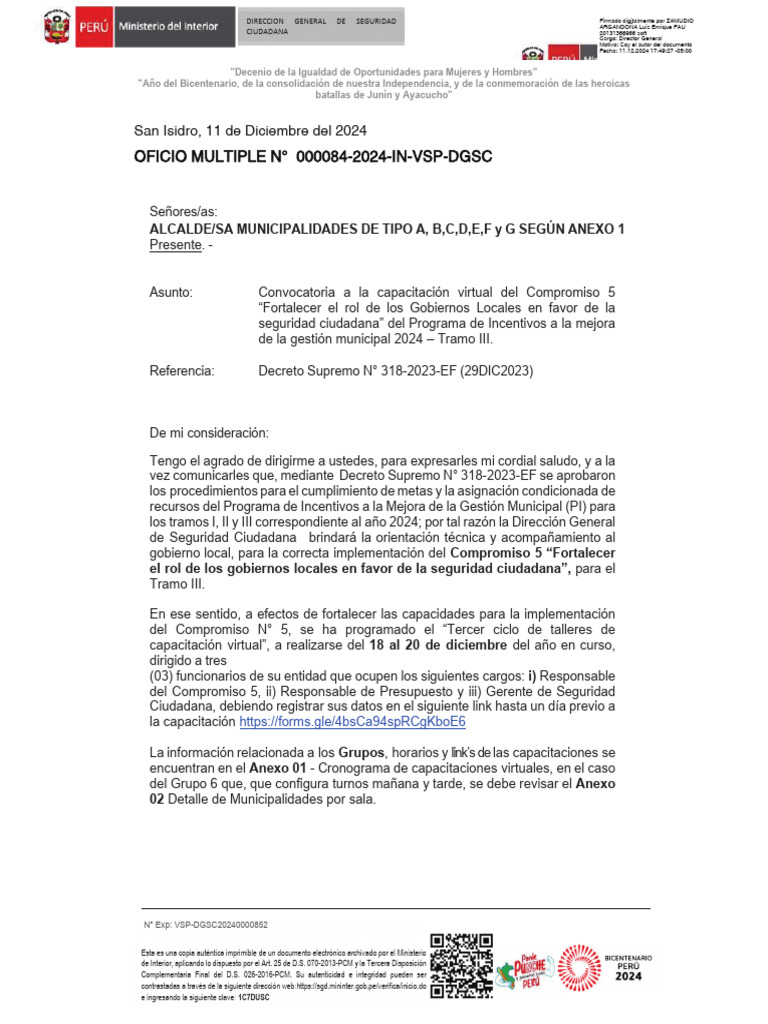 Oficio Multiple-000084-2024-Vsp-Dgsc | PDF | Gobierno