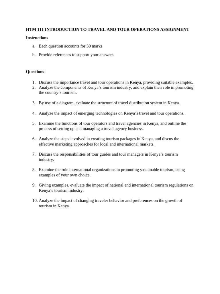 HTM 111 Introduction To Travel and Tour Operations Assignment | PDF