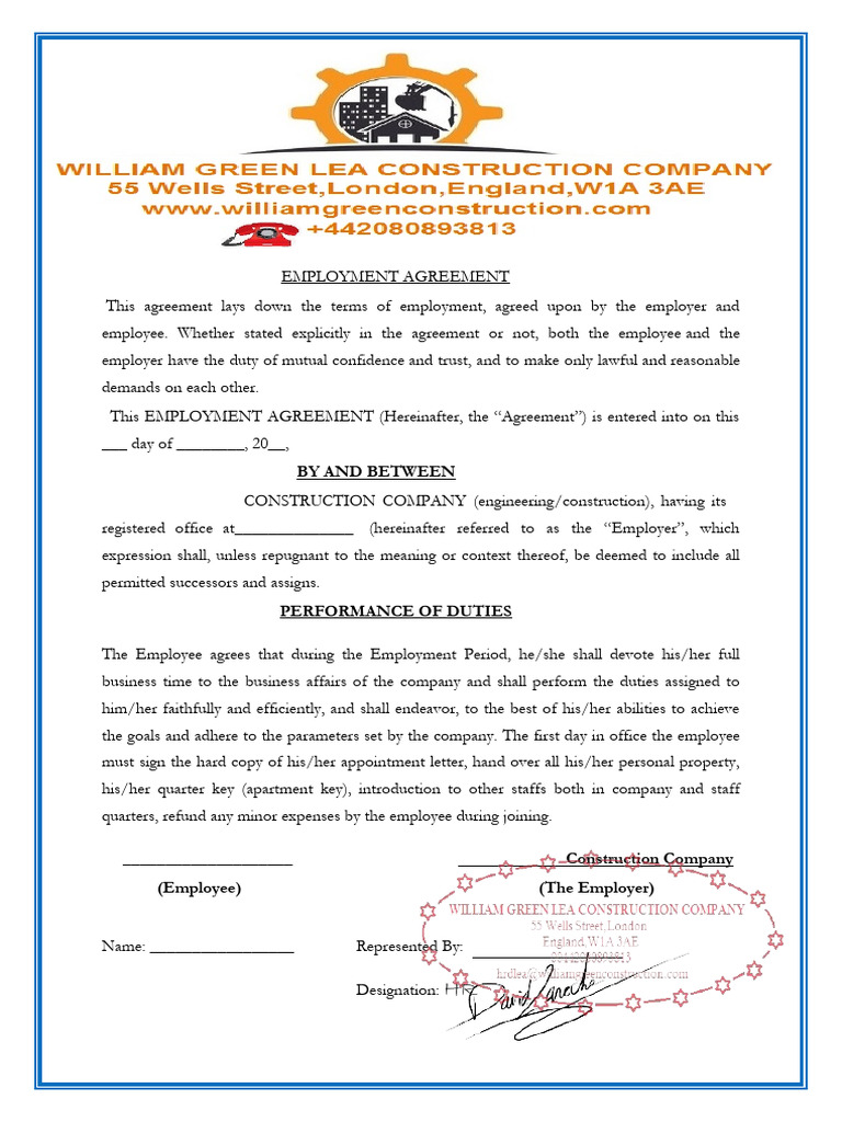 William Green Construction Company Employment Agreement Form | PDF