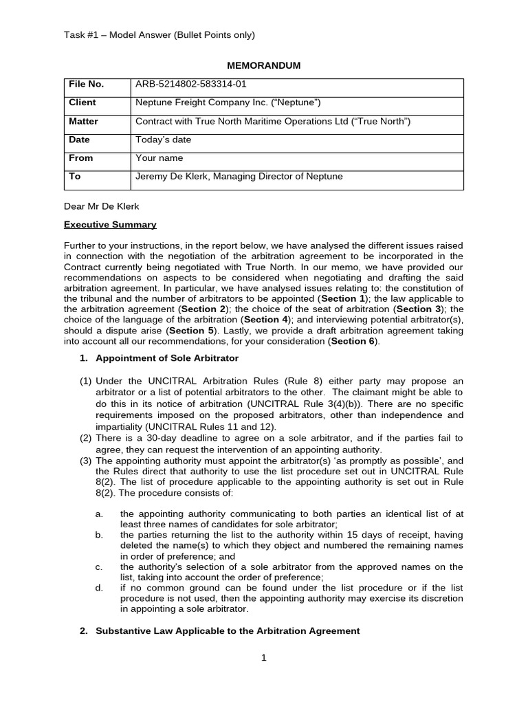 Task 1 - Model Answer - FINAL | PDF | Arbitration | Arbitral Tribunal