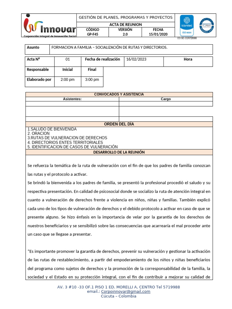 ACTA DE REUNION ICBF | PDF