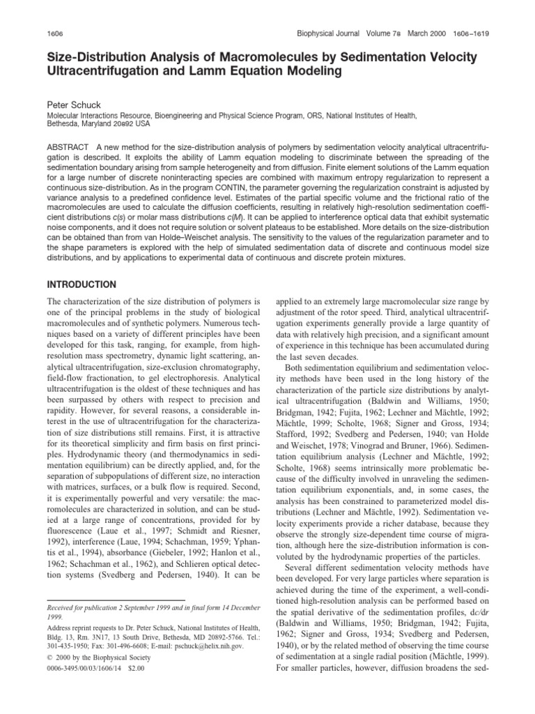 Size-Distribution Analysis of Macromolecules by Sedimentation Velocity | PDF | Diffusion ...
