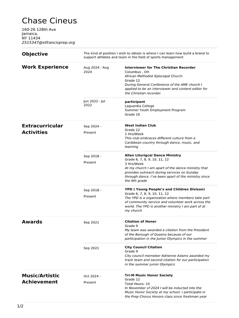 Chase Cineus' College Resume | PDF | Protestantism | Methodism