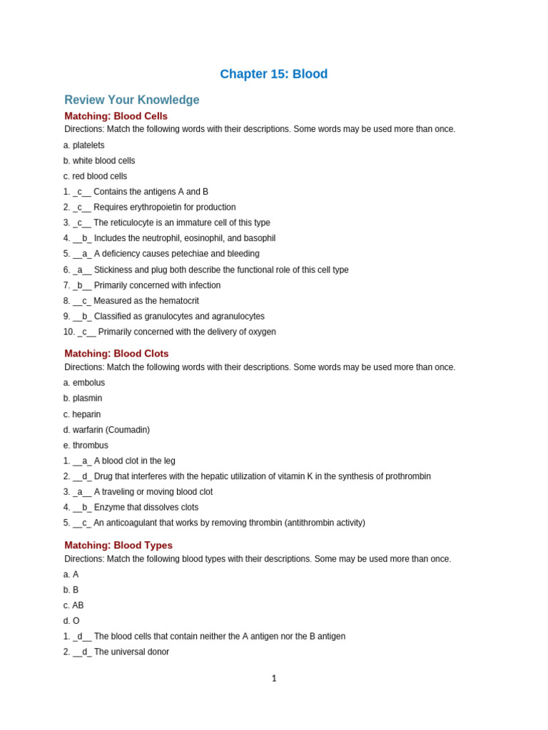 Blood Cell Types and Functions Quiz | PDF | Heart | Immune System