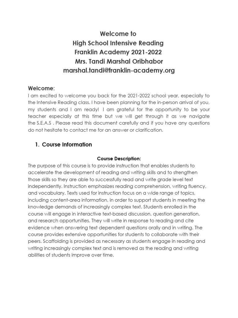 High School Intensive Reading Syllabus 21-22 | PDF | News Broadcasting ...