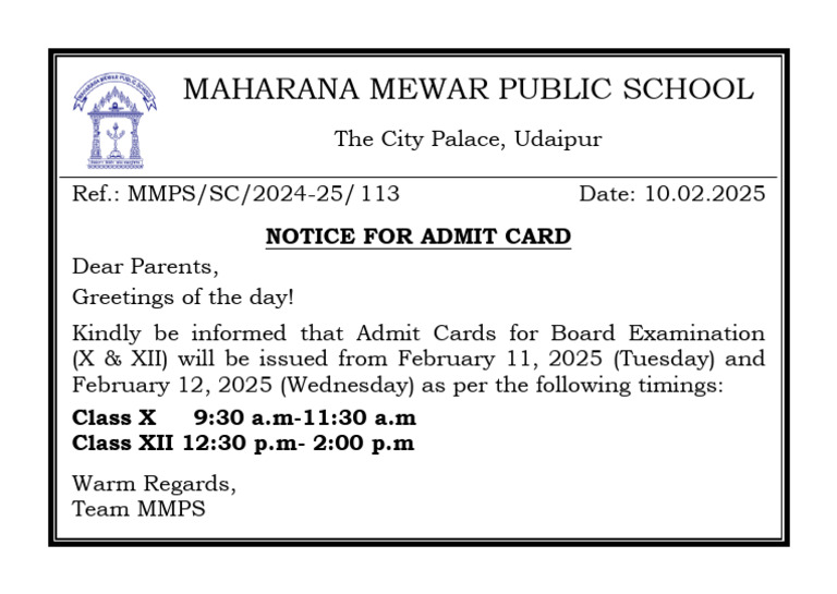 Notice Admit Card X and XII | PDF