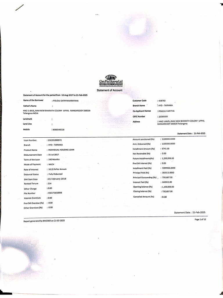 Poloju Canfin Loan Statement | PDF