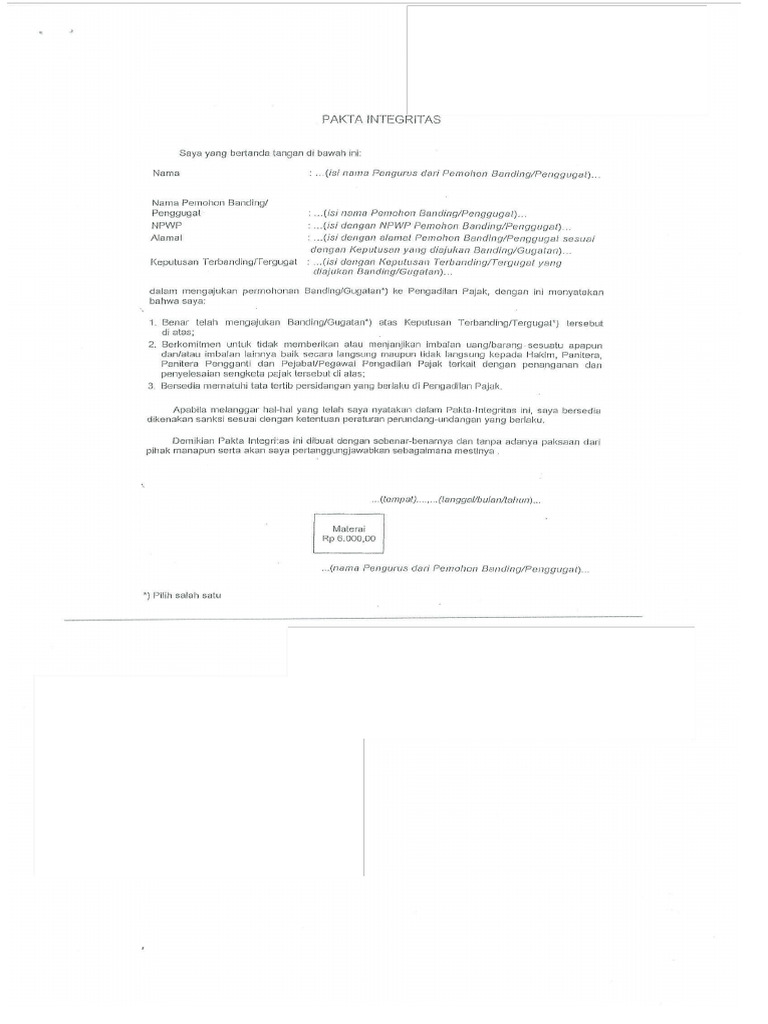 Pakta Integritas Pemohon Banding | PDF