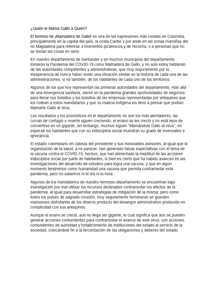 Mamadera de Gallo y el COVID-19 en Colombia | PDF