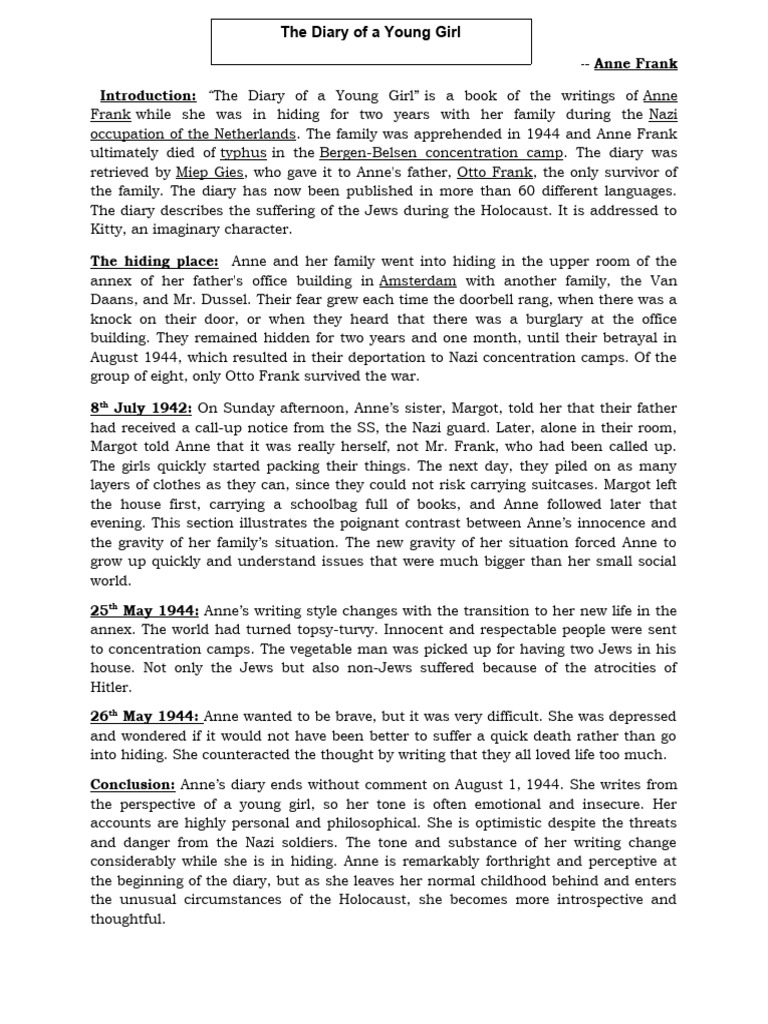 Anne Frank's Diary: A Young Girl's Struggle | PDF | Anne Frank | The ...