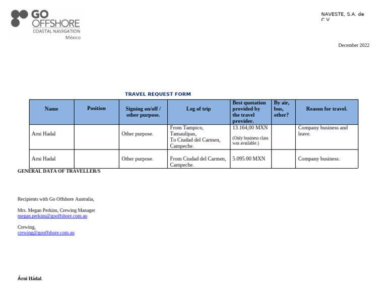 Travel Request Form, Template | PDF