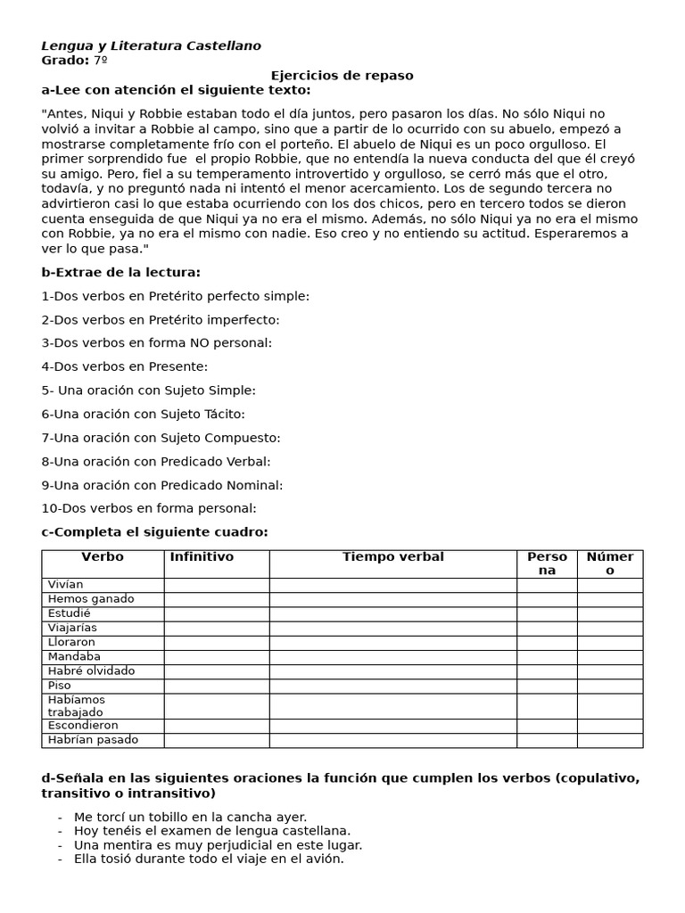 Ejercicios de Lengua para 7º Grado | PDF | Verbo | Predicado (Gramática)