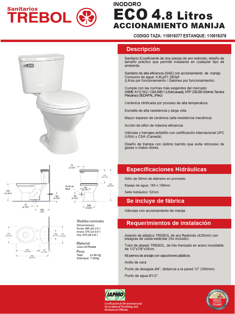 Inodoro Ecoeficiente con Manija 4.8L | PDF | Baño | Materiales