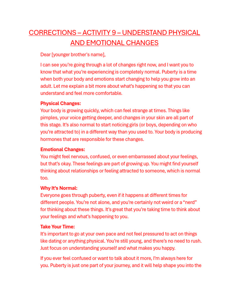 CORRECTIONS – ACTIVITY 9 – UNDERSTAND PHYSICAL AND EMOTIONAL CHANGES | PDF