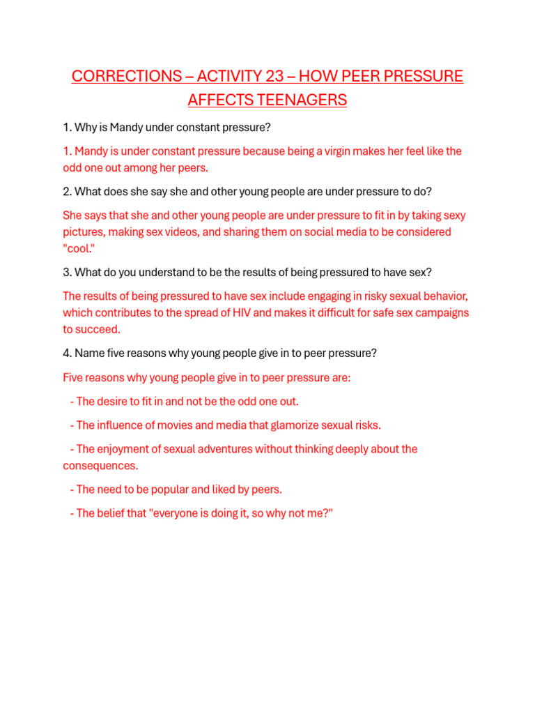 CORRECTIONS – ACTIVITY 23 – HOW PEER PRESSURE AFFECTS TEENAGERS | PDF
