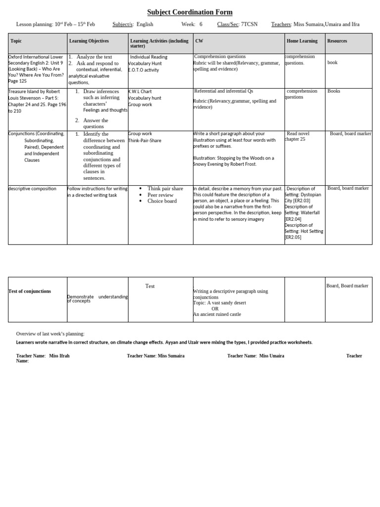 Week 6 Coordination Form Class 7 | PDF | Reading Comprehension | Cognition