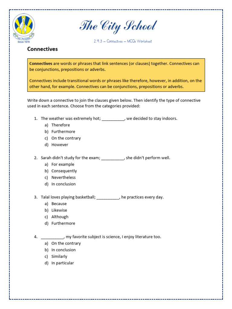 Connectives MCQs Worksheet | PDF