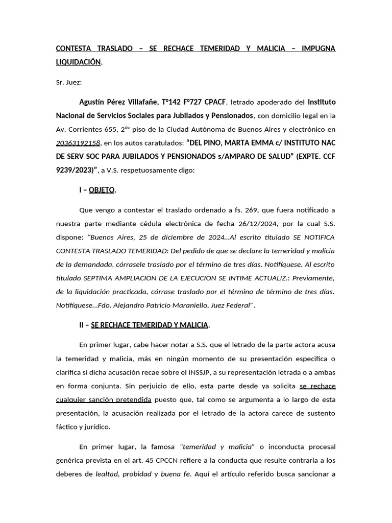 Contesta Traslado Temeridad y Malicia - Acompaña Disposición - Impugna ...
