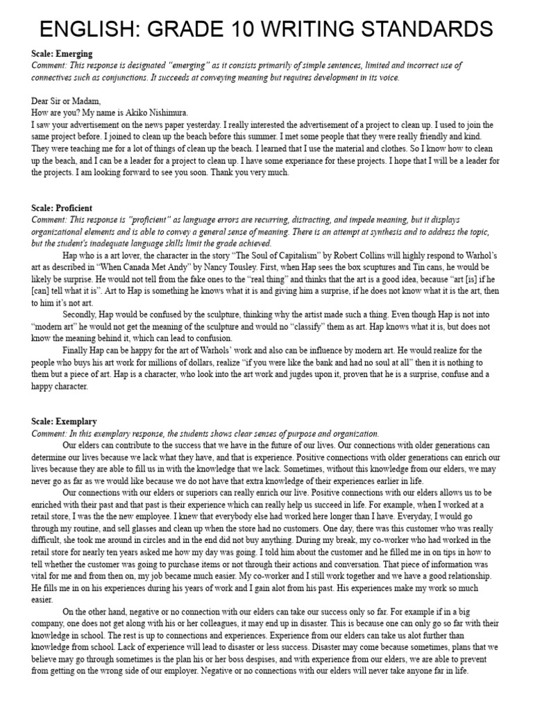 Grade 10 Writing Standards Assessment | PDF