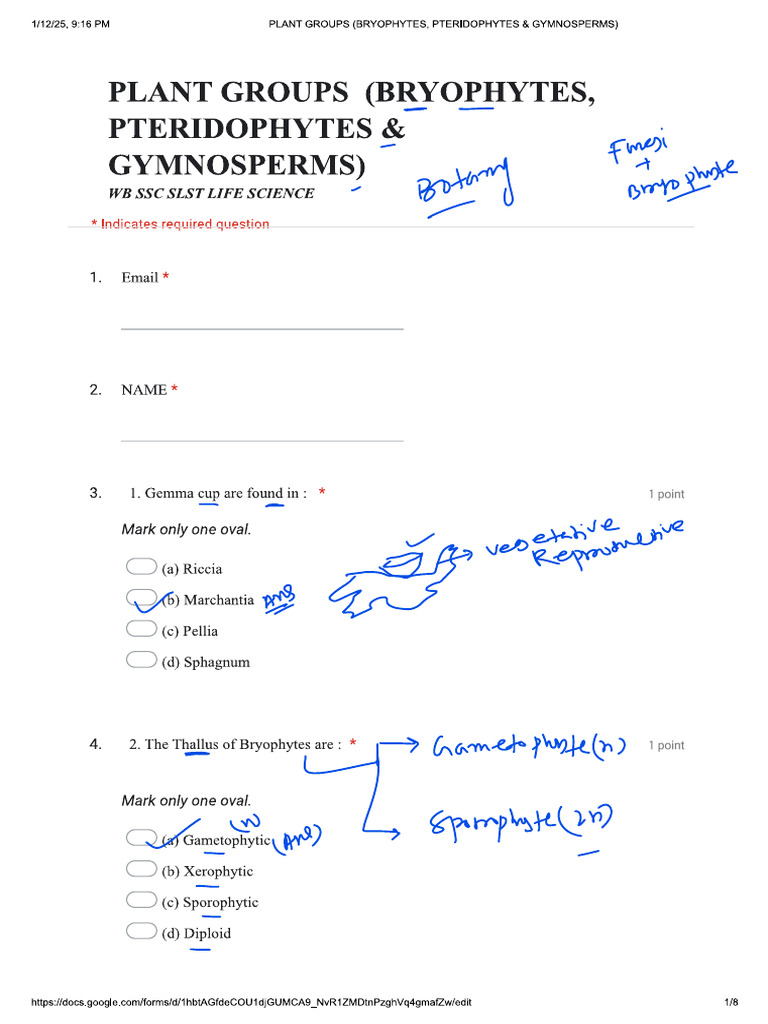 Plant Groups (Bryophytes, Pteridophytes & Gymnosperms) | PDF