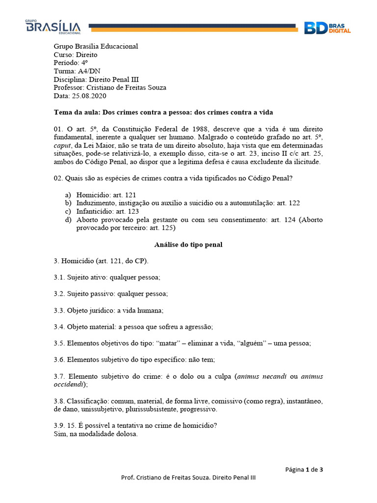 Dos Crimes Contra A Pessoa Dos Crimes Contra A Vida | PDF | Homicídio | Crimes