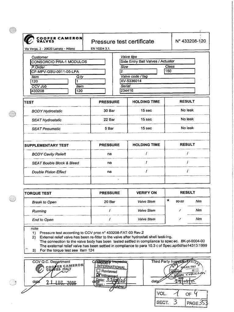 271) Pressure Test Certificate 433208-120 | PDF