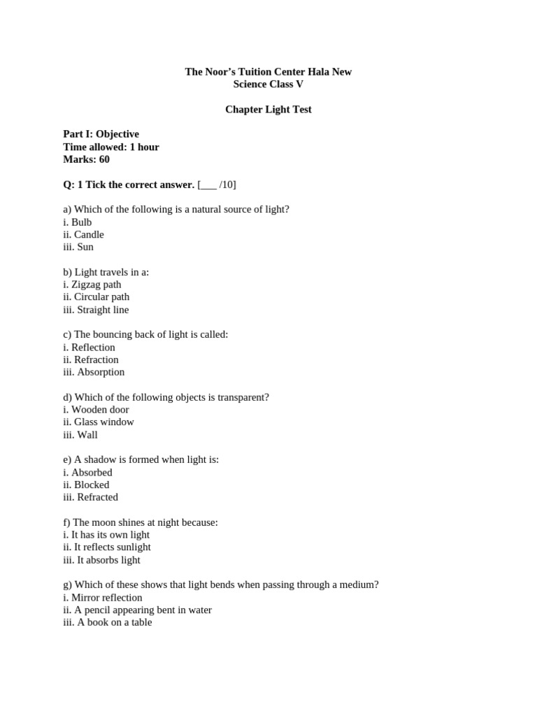 Science Grade 5 Test | PDF | Light | Shadow